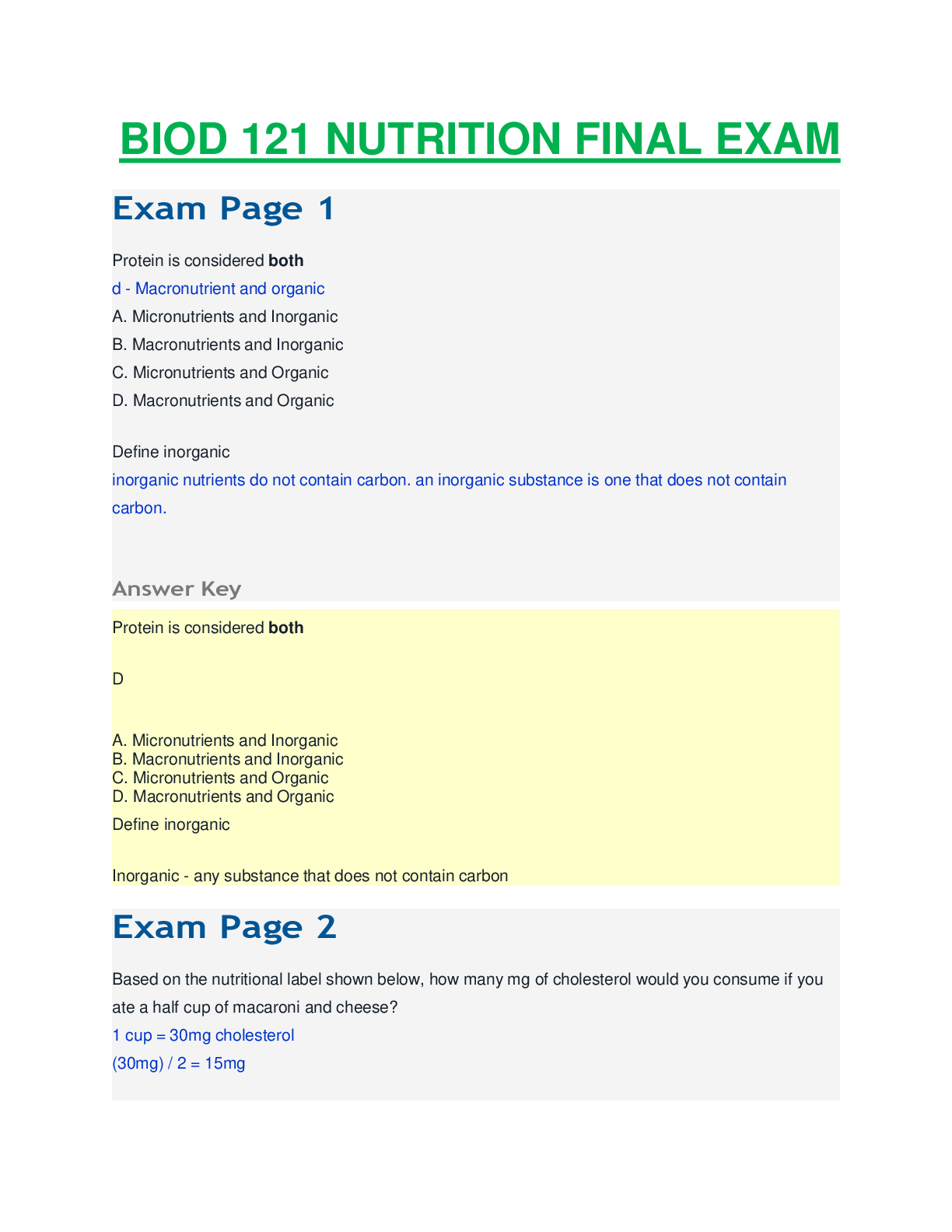 PORTAGE LEARNING BIOD 121 NUTRITION EXAM FOR SUMMER COMPLETE AND RATED A - Scholarfriends